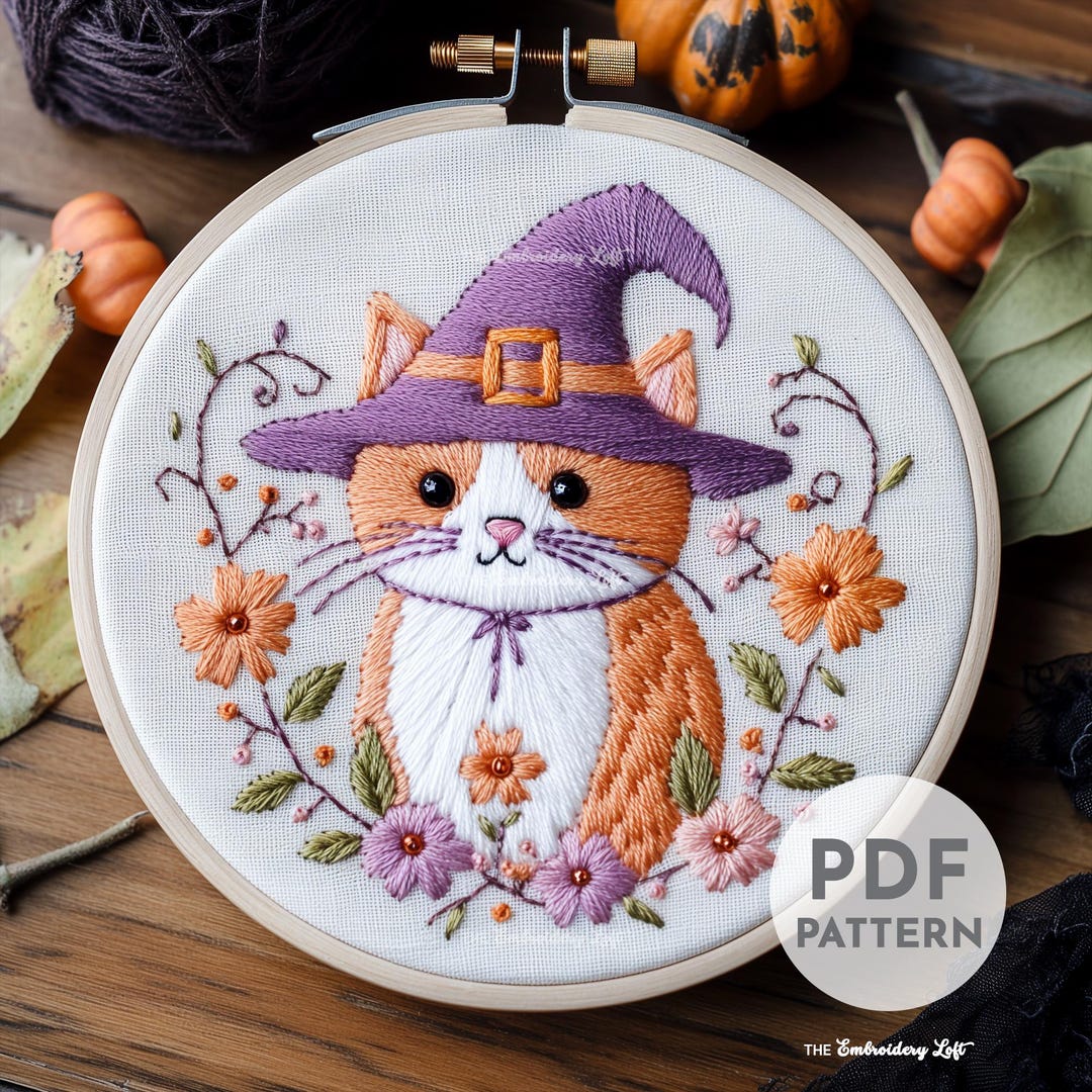 Witchy Cat Hand Embroidery Pattern, Orange Cat Embroidery Pattern ...