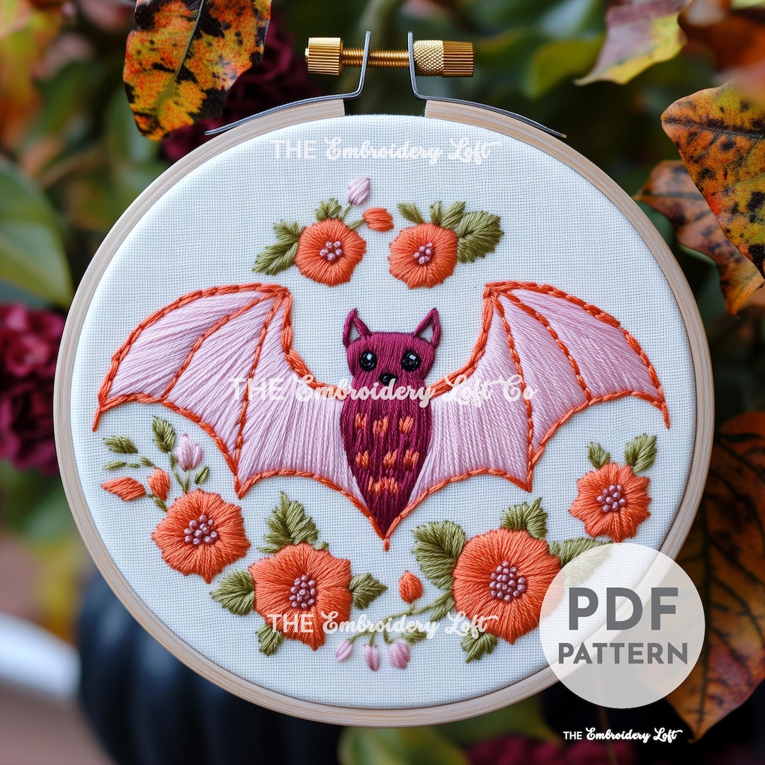 Pink Floral Bat Hand Embroidery Pattern, Cute Pink Bat Embroidery ...