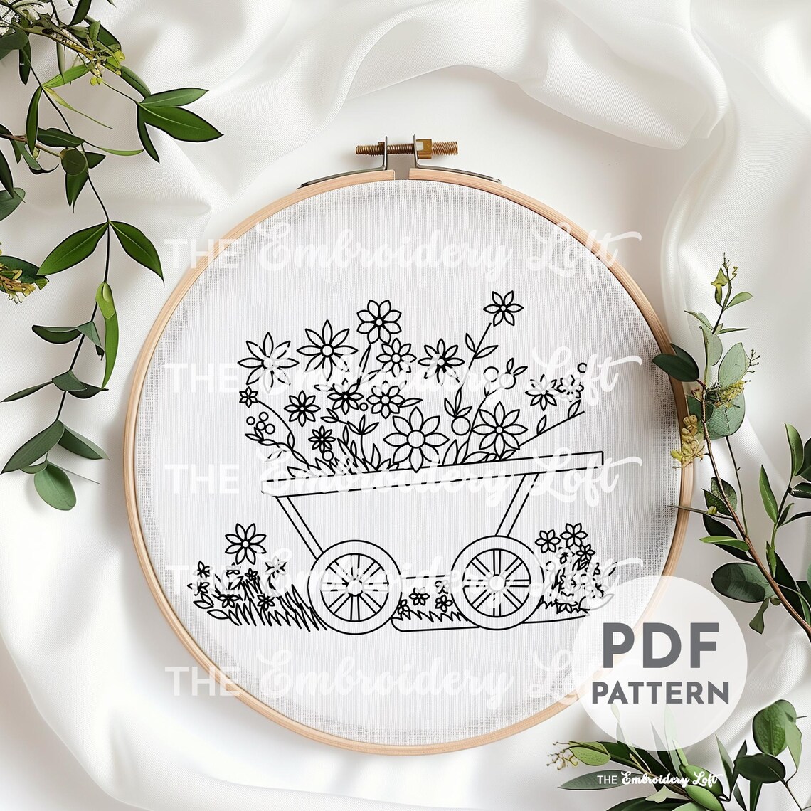 Floral Wheelbarrow Hand Embroidery Pattern, Wheelbarrow Embroidery ...