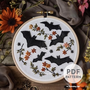 Floral Bats Hand Embroidery Pattern, Halloween Embroidery Pattern, Bats ...