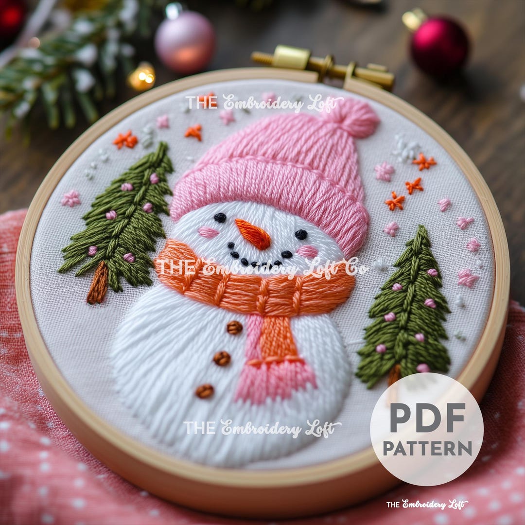 Pink Snowman Hand Embroidery Pattern, Pink Christmas Decor, Beginner ...
