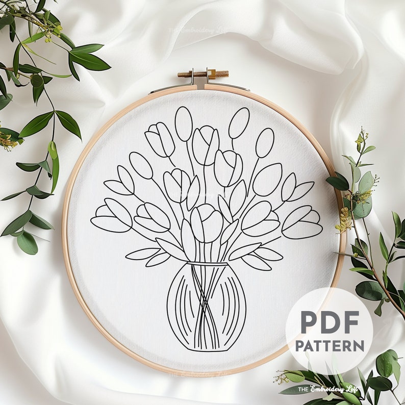 Vase of Tulips Hand Embroidery Pattern, Yellow Tulips Pattern, Tulip ...