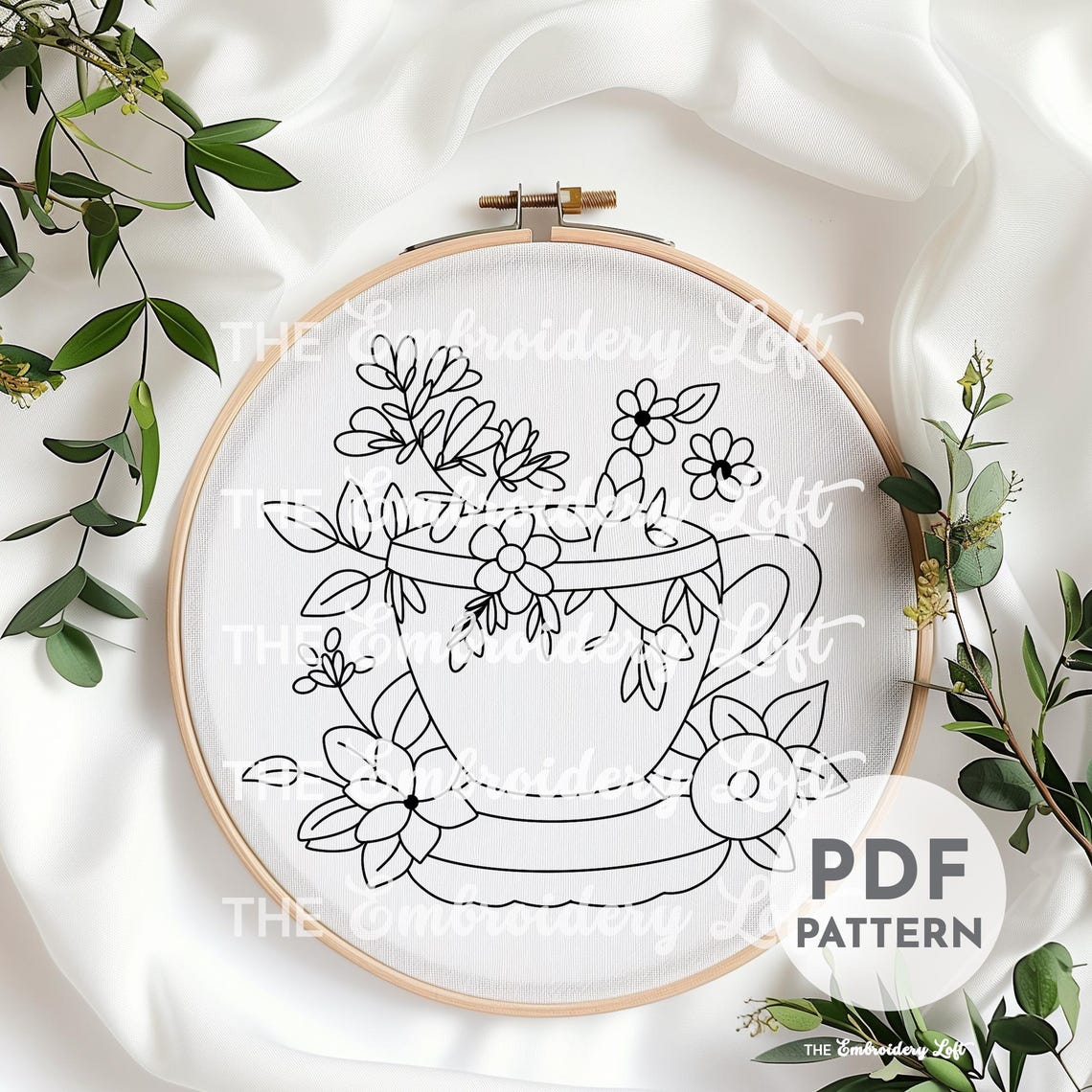 Floral Tea Cup Hand Embroidery Pattern, Tea Cup Embroidery Pattern, Tea ...