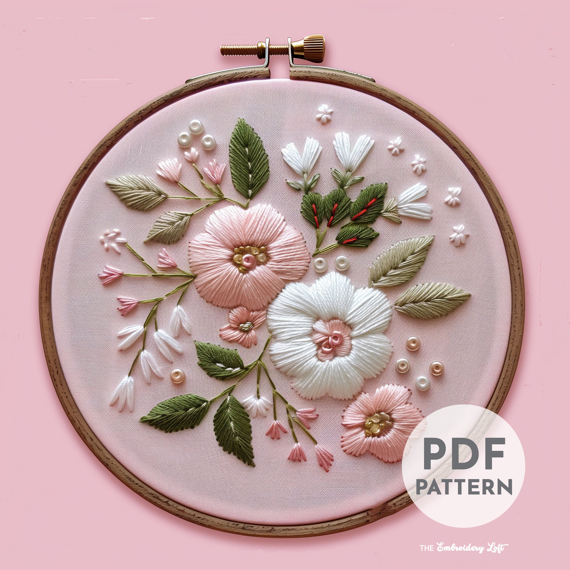 Pink and White Flowers Hand Embroidery Pattern, Pink Flowers Pattern ...