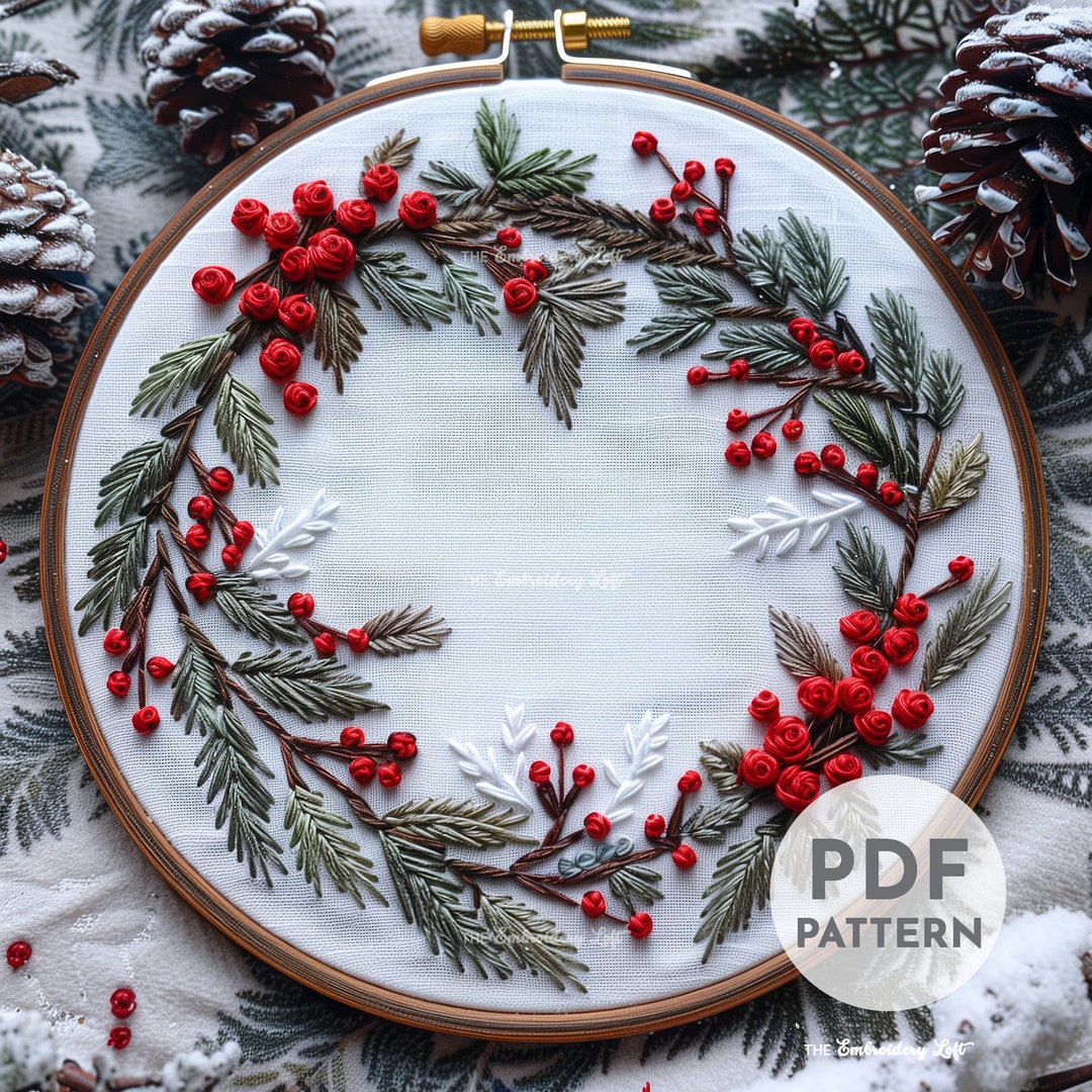 Christmas Wreath Hand Embroidery Pattern, Christmas Embroidery Pattern ...