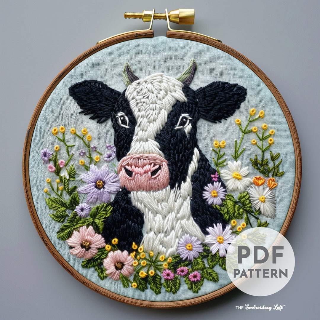 Floral Cow Hand Embroidery Pattern, Cow Pattern, Farm Life Pattern ...