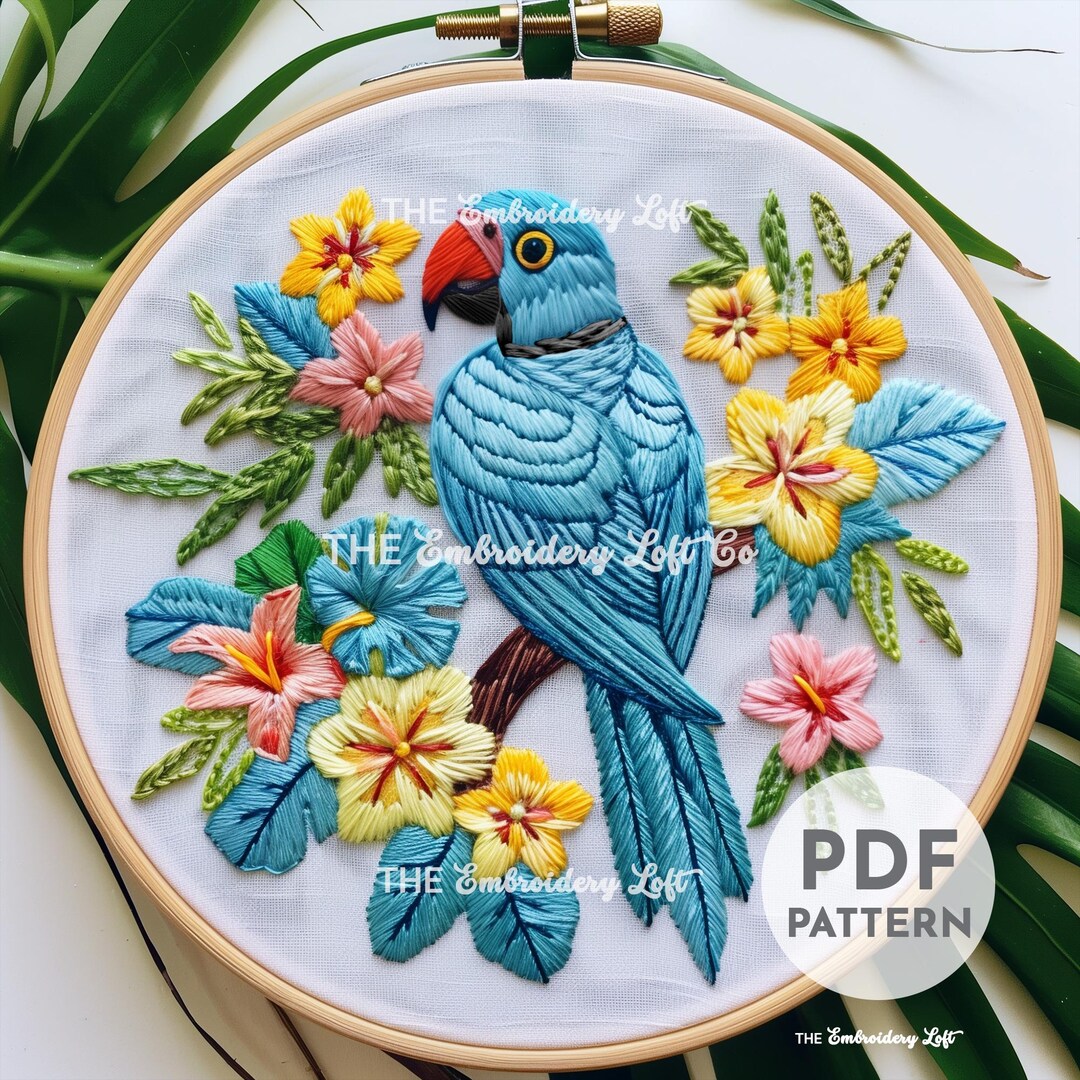 Indian Ring-necked Parakeet Hand Embroidery Pattern, Blue Parrot ...