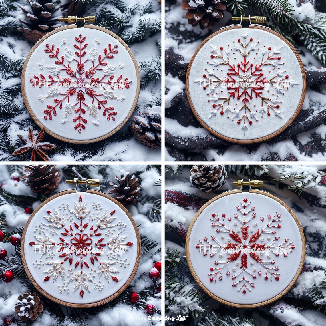 Set of 4 Red and White Snowflake Hand Embroidery Patterns, Christmas ...