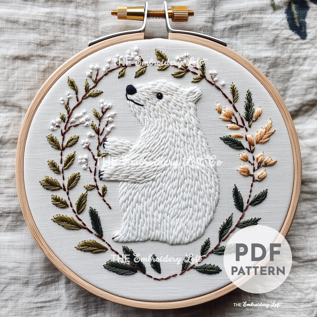 Floral Polar Bear Hand Embroidery Pattern, Bear Embroidery, Polar Bear ...