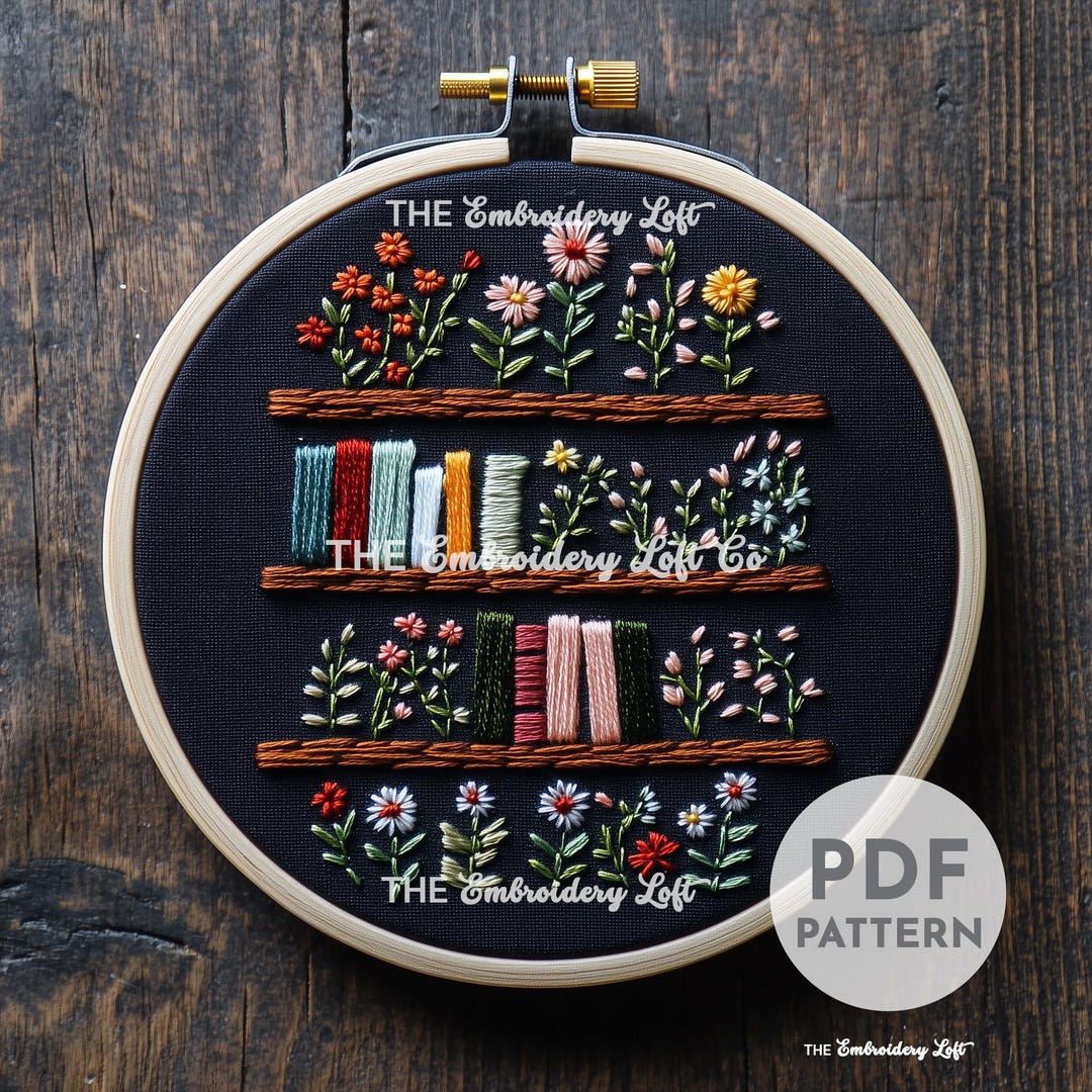 Floral Bookshelf Hand Embroidery Pattern, Floral Embroidery, Book Lover ...