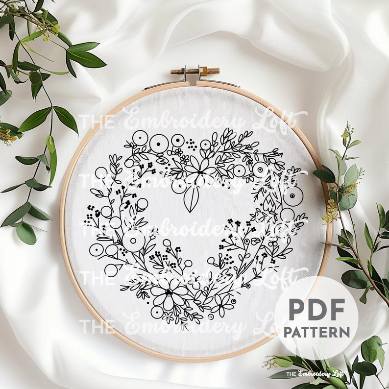 Blue Floral Heart Wreath Hand Embroidery Pattern, Heart Shaped Wreath ...