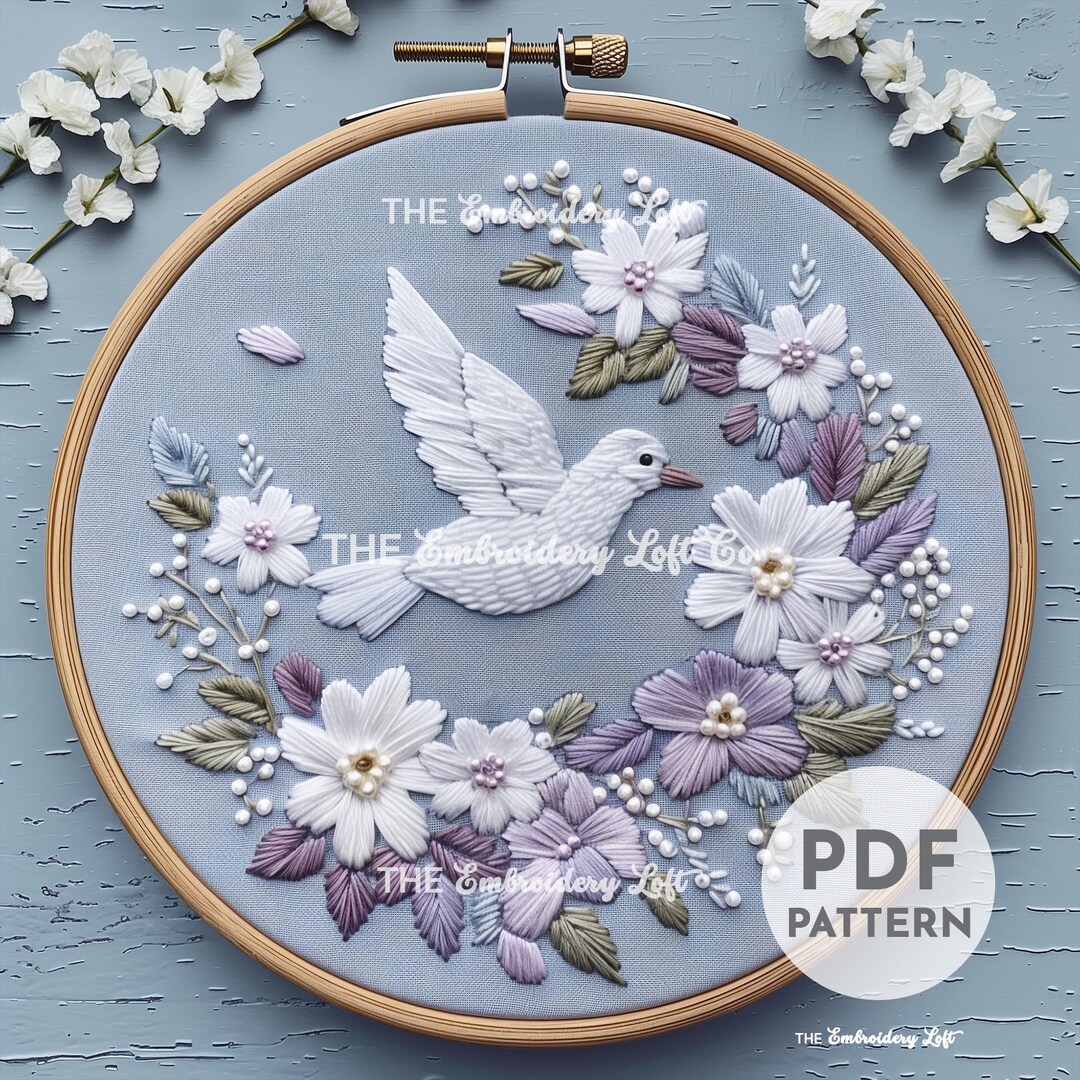 Purple Dove Hand Embroidery Pattern, Floral Dove Pattern, Dove ...