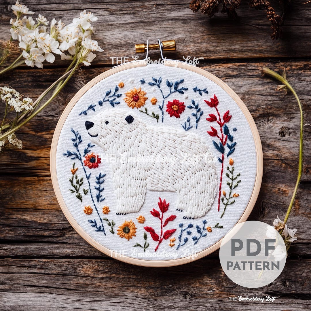 Floral Polar Bear Hand Embroidery Pattern, Polar Bear Pattern, Bear ...