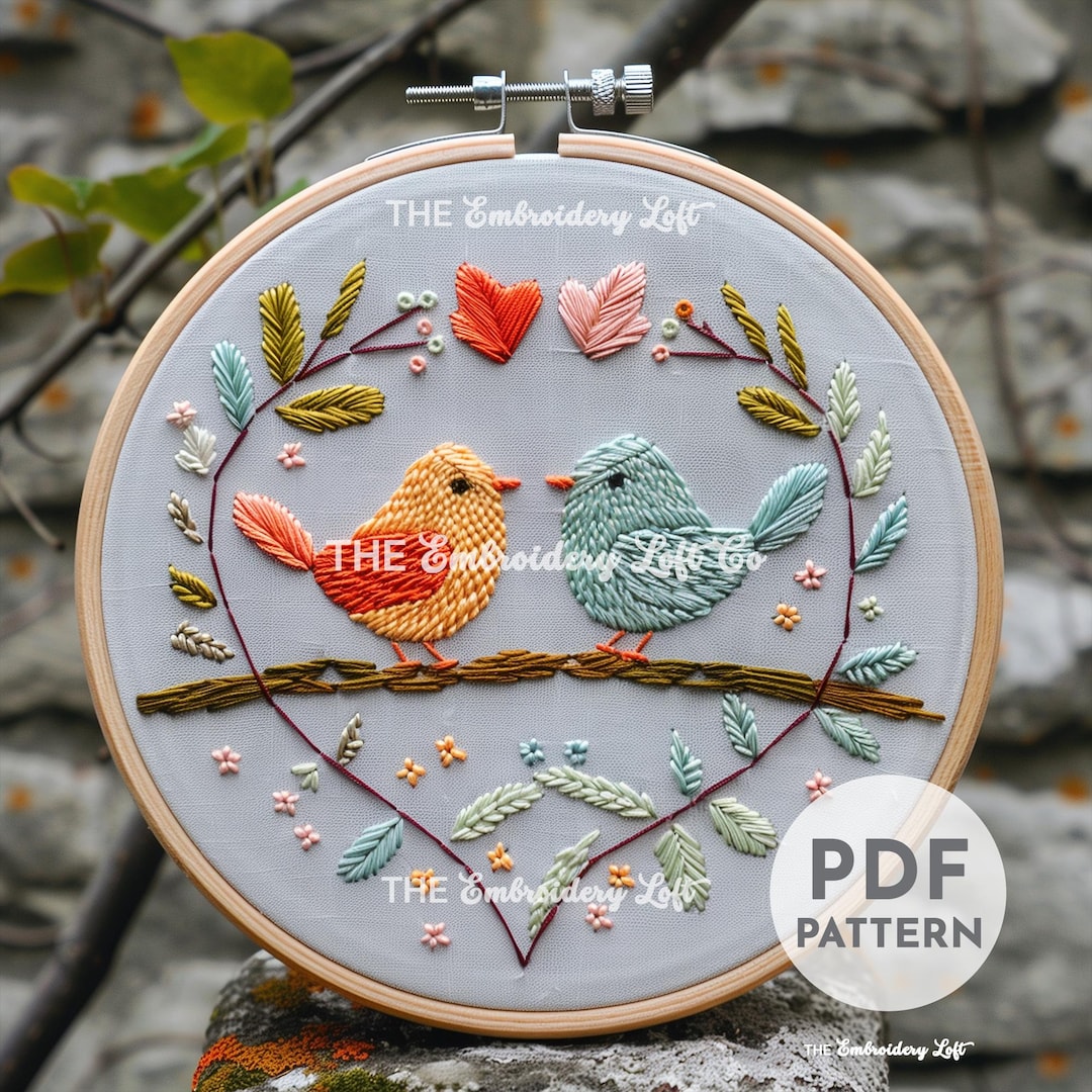 Love Birds Hand Embroidery Pattern, Bird Embroidery, Floral Birds ...