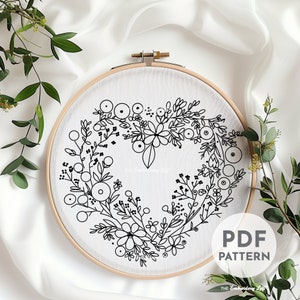 Blue Floral Heart Wreath Hand Embroidery Pattern, Heart Shaped Wreath ...