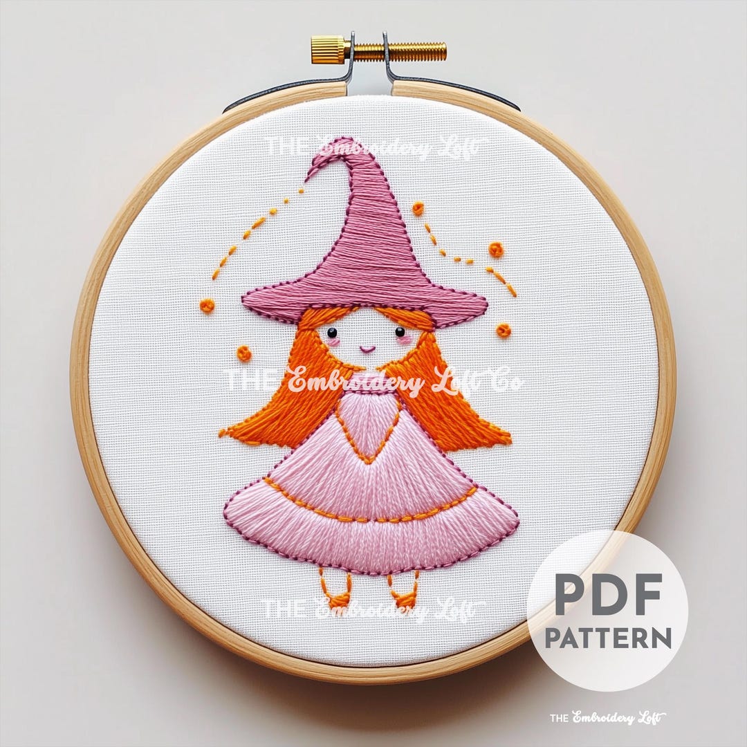 Pink Witch Hand Embroidery Pattern, Cute Witch Pattern, Witch Halloween ...