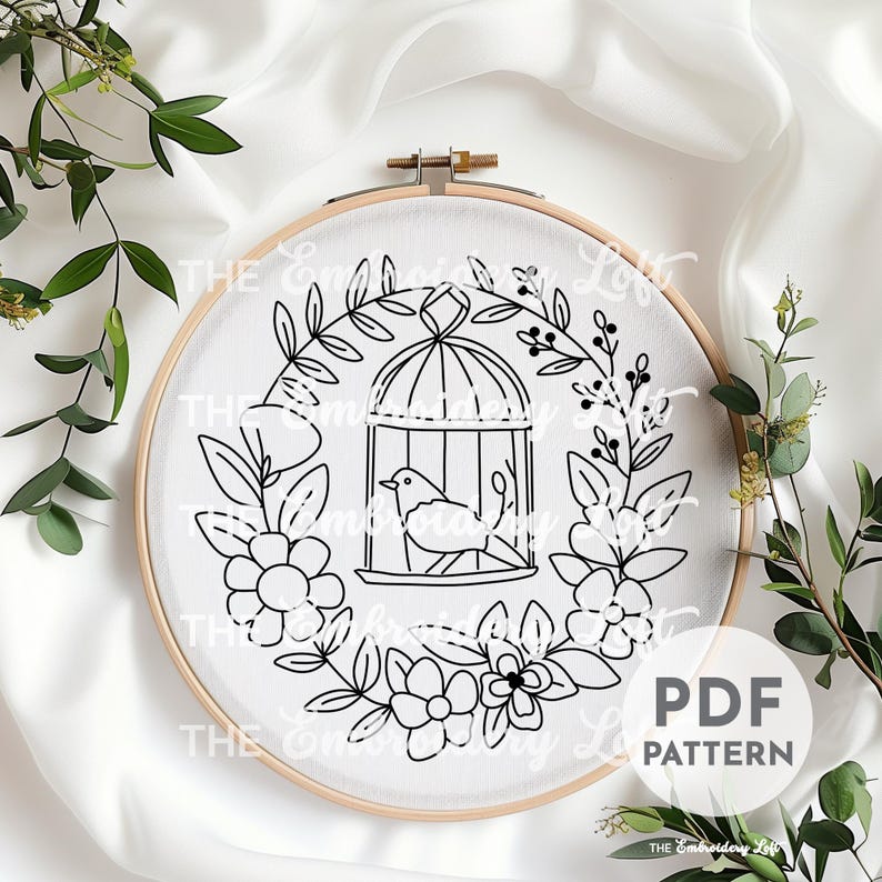 Floral Bird Cage Hand Embroidery Pattern, Bird Embroidery Pattern ...