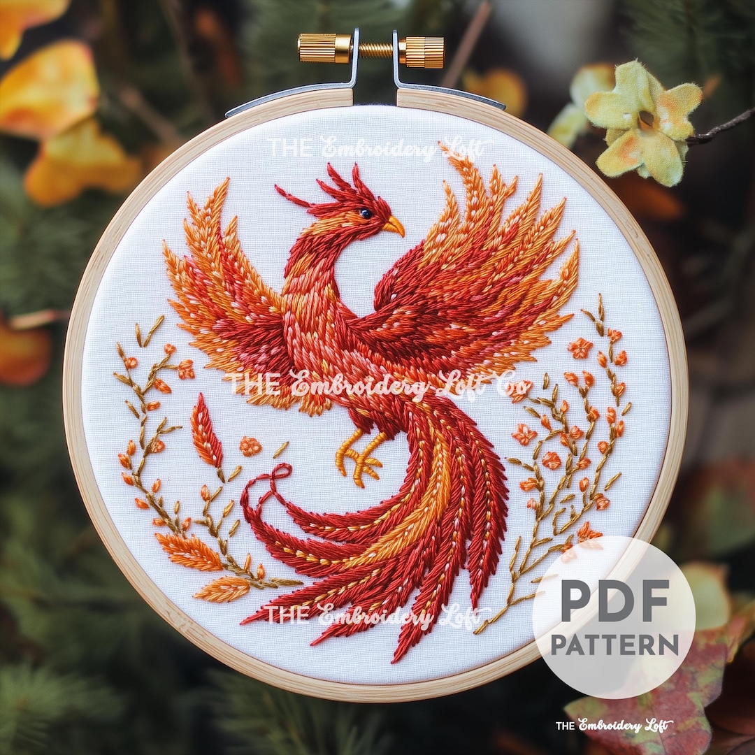 Red Phoenix Hand Embroidery Pattern, Phoenix Embroidery Design, Phoenix ...