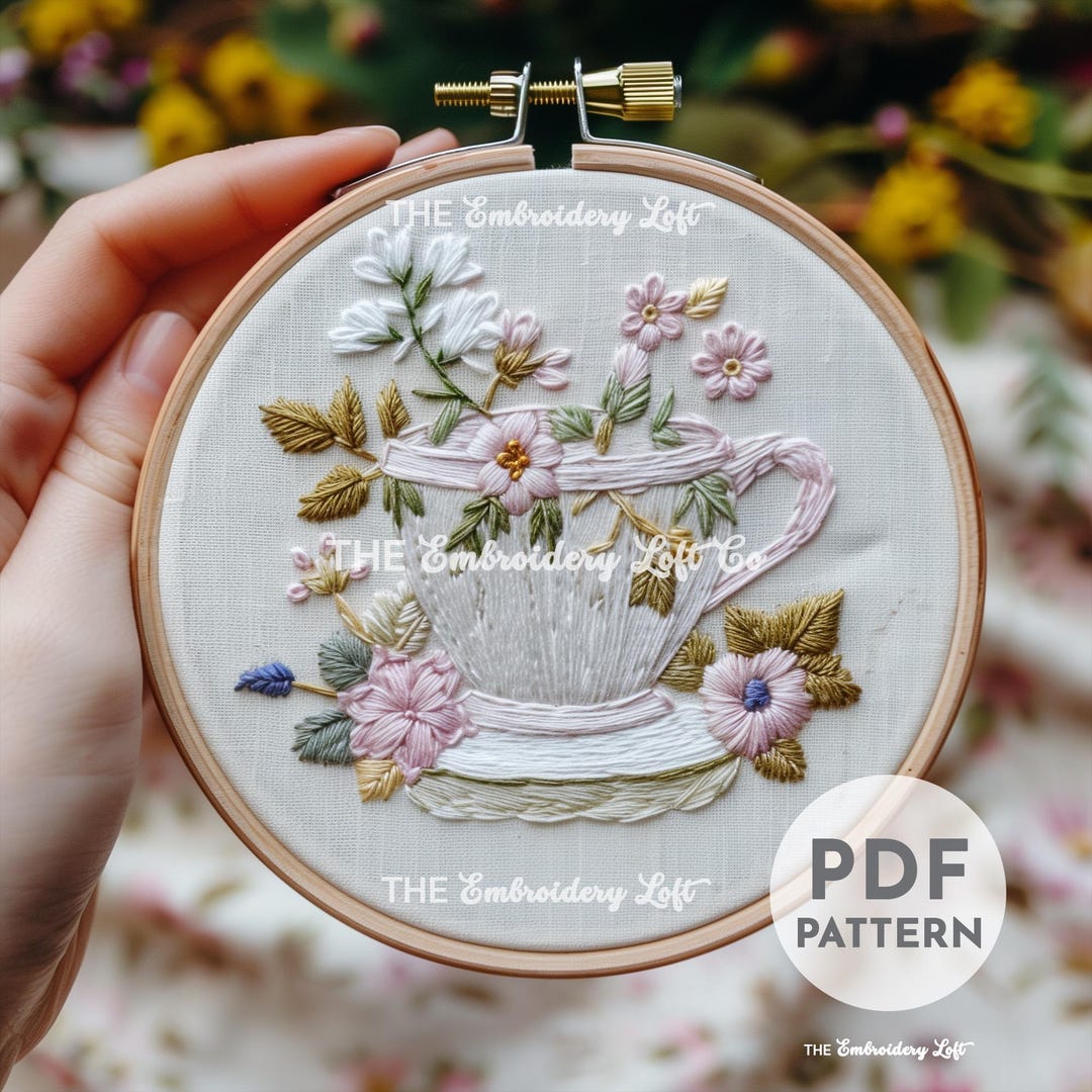 Floral Tea Cup Hand Embroidery Pattern, Tea Cup Embroidery Pattern, Tea ...
