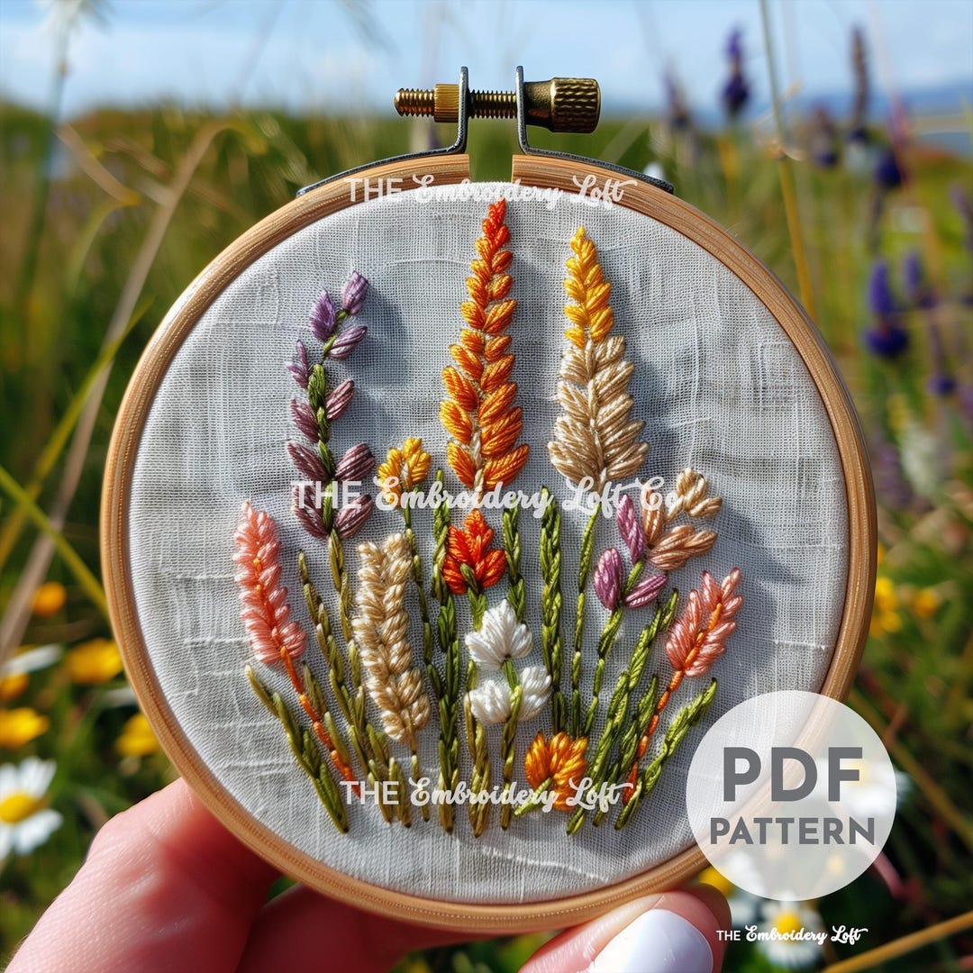 Wildflowers Hand Embroidery Pattern, Wheat Grass, Meadow Embroidery ...
