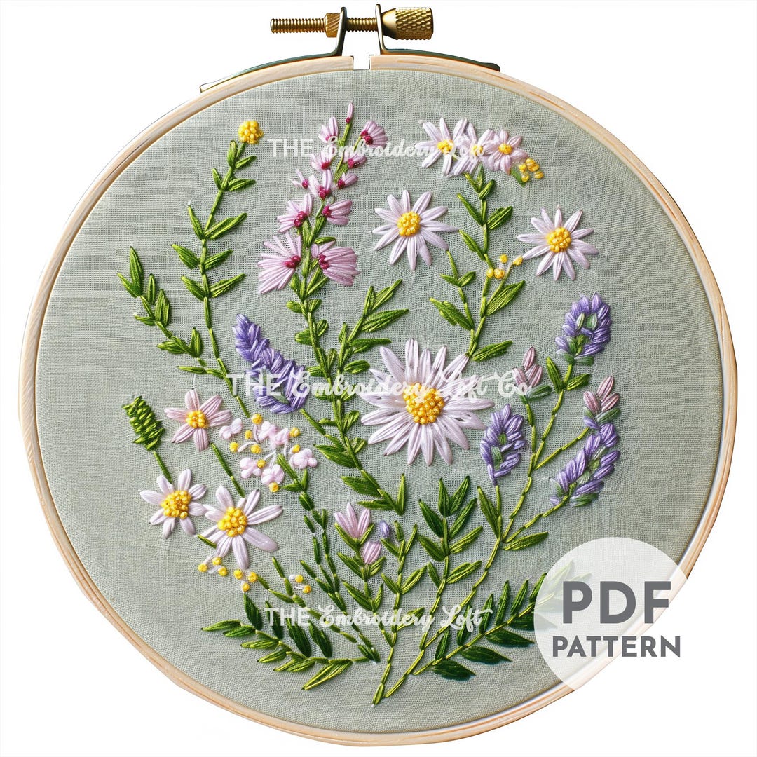 Meadow of White Daisies and Purple Lavender Hand Embroidery Pattern ...