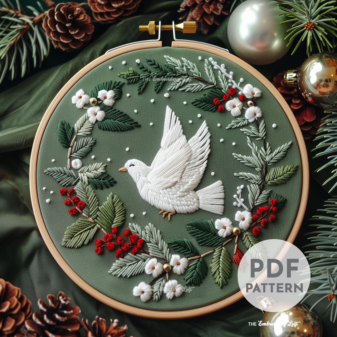 Christmas Dove Hand Embroidery Pattern, Floral Dove Pattern, Dove ...