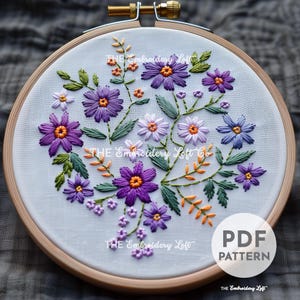 Summer Flowers Hand Embroidery Pattern, Purple Flowers Embroidery ...