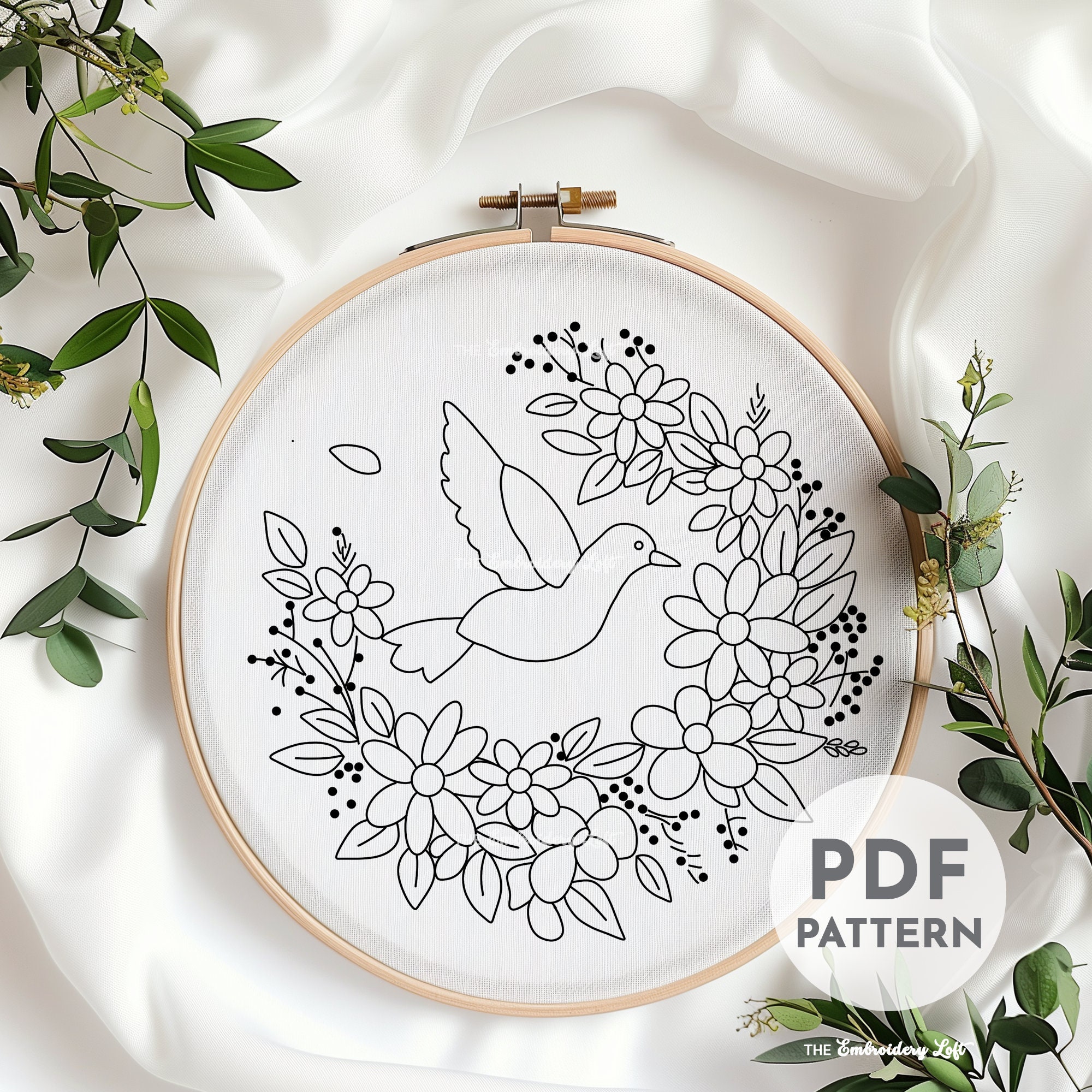 Purple Dove Hand Embroidery Pattern, Floral Dove Pattern, Dove ...