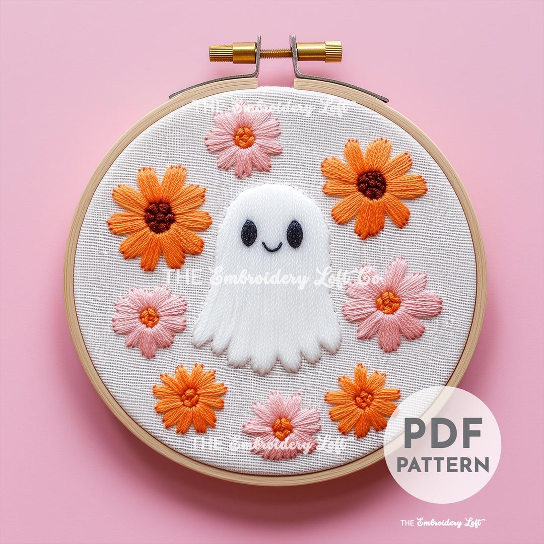 Retro Ghost With Flowers Hand Embroidery Pattern, Floral Halloween ...