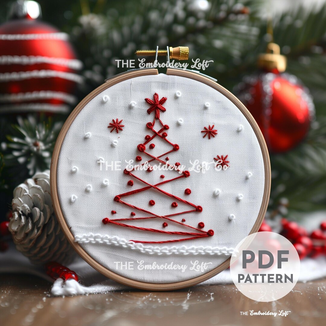 Red and White Christmas Tree Hand Embroidery Pattern, Christmas ...