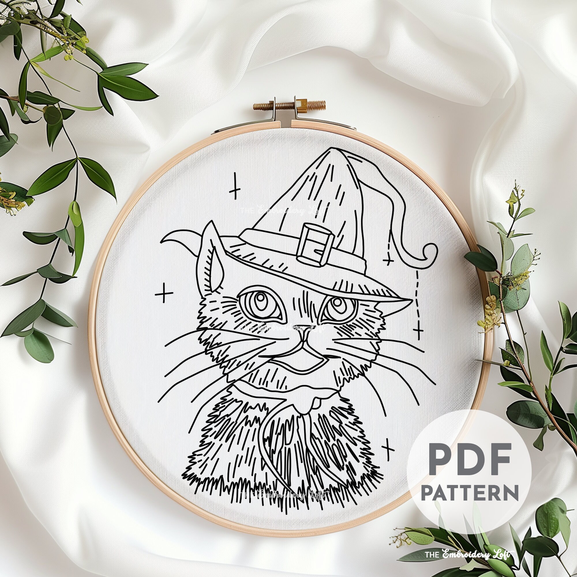 Witchy Cat Hand Embroidery Pattern, Witchy Black Cat Embroidery Pattern ...