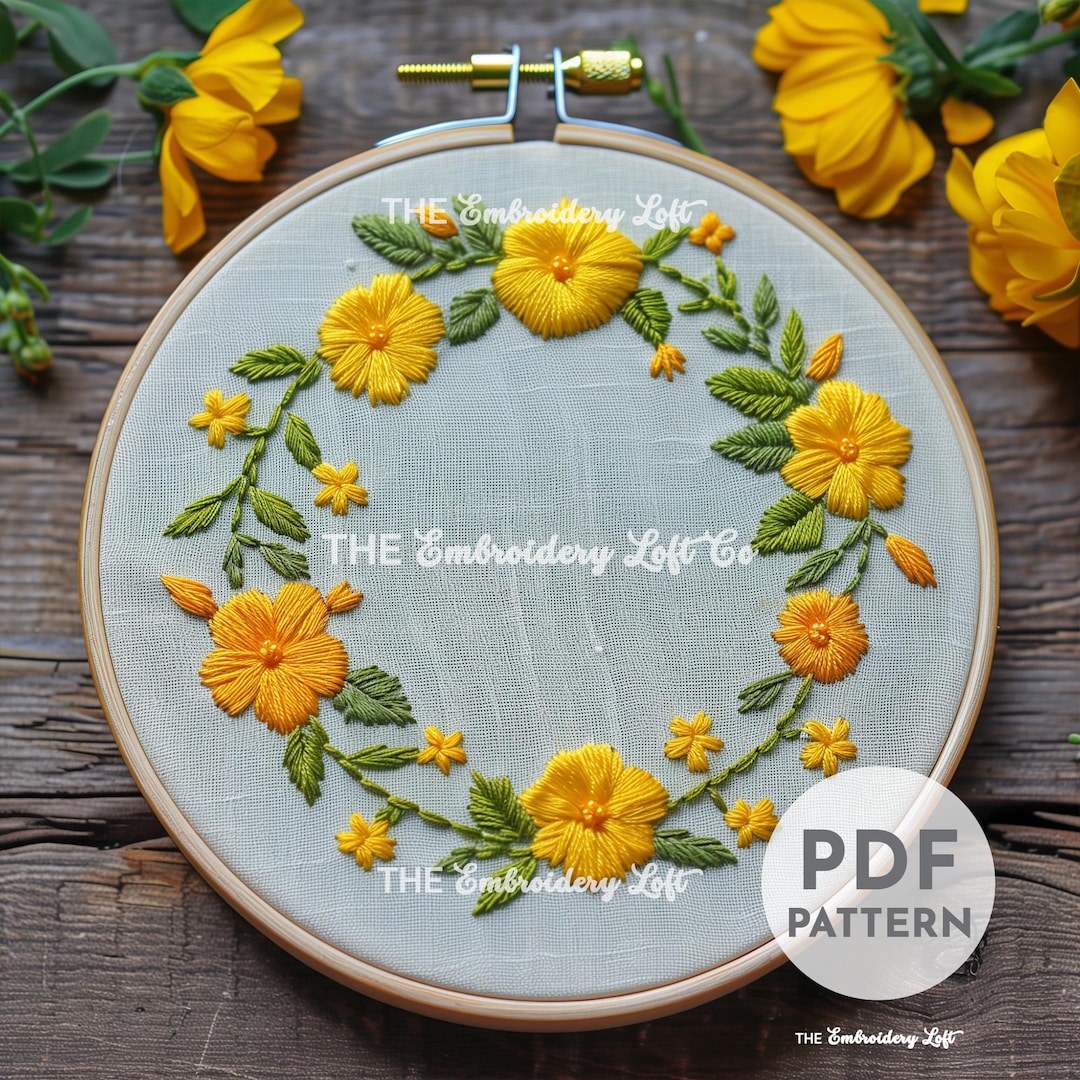 Yellow Floral Wreath Hand Embroidery Pattern, Yellow Flower Botanical ...