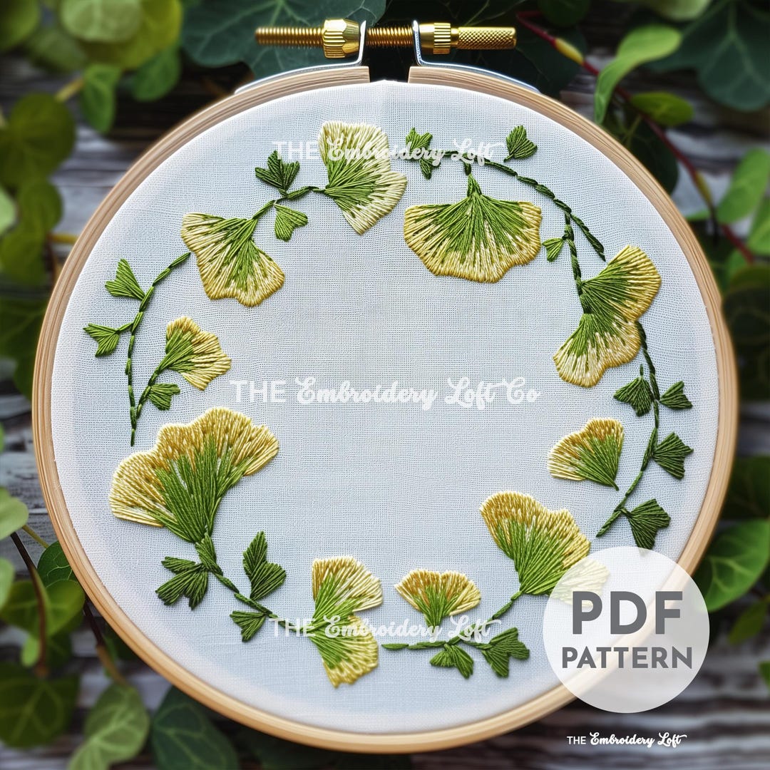 Ginkgo Wreath Hand Embroidery Pattern, Ginkgo Leaf Design, Ginkgo ...