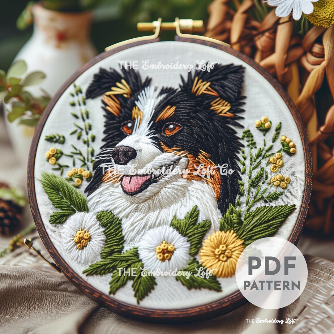 Border Collie Hand Embroidery Pattern, Herding Dog, Dog Embroidery, Pet ...