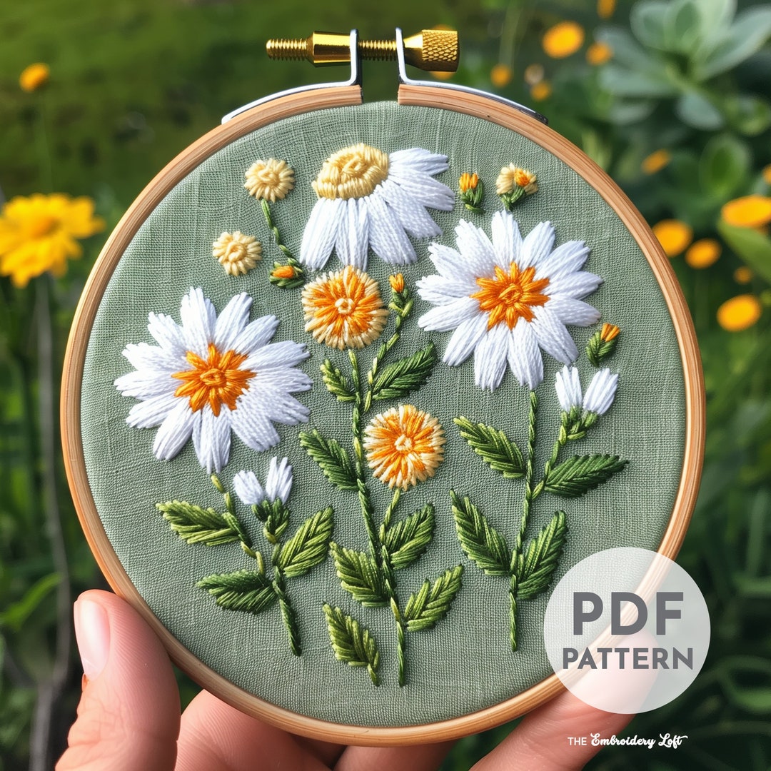 White Daisies Hand Embroidery Pattern, Daisies Pattern, White Flowers ...