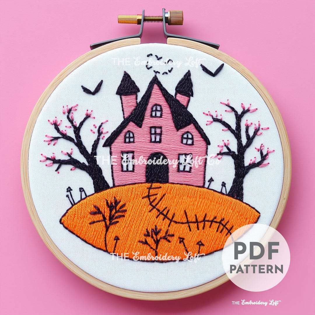 Pink Retro Haunted House Hand Embroidery Pattern, Pink Haunted House ...
