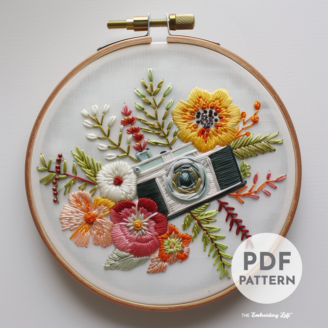 Floral Camera Hand Embroidery Pattern, Camera Embroidery Pattern ...