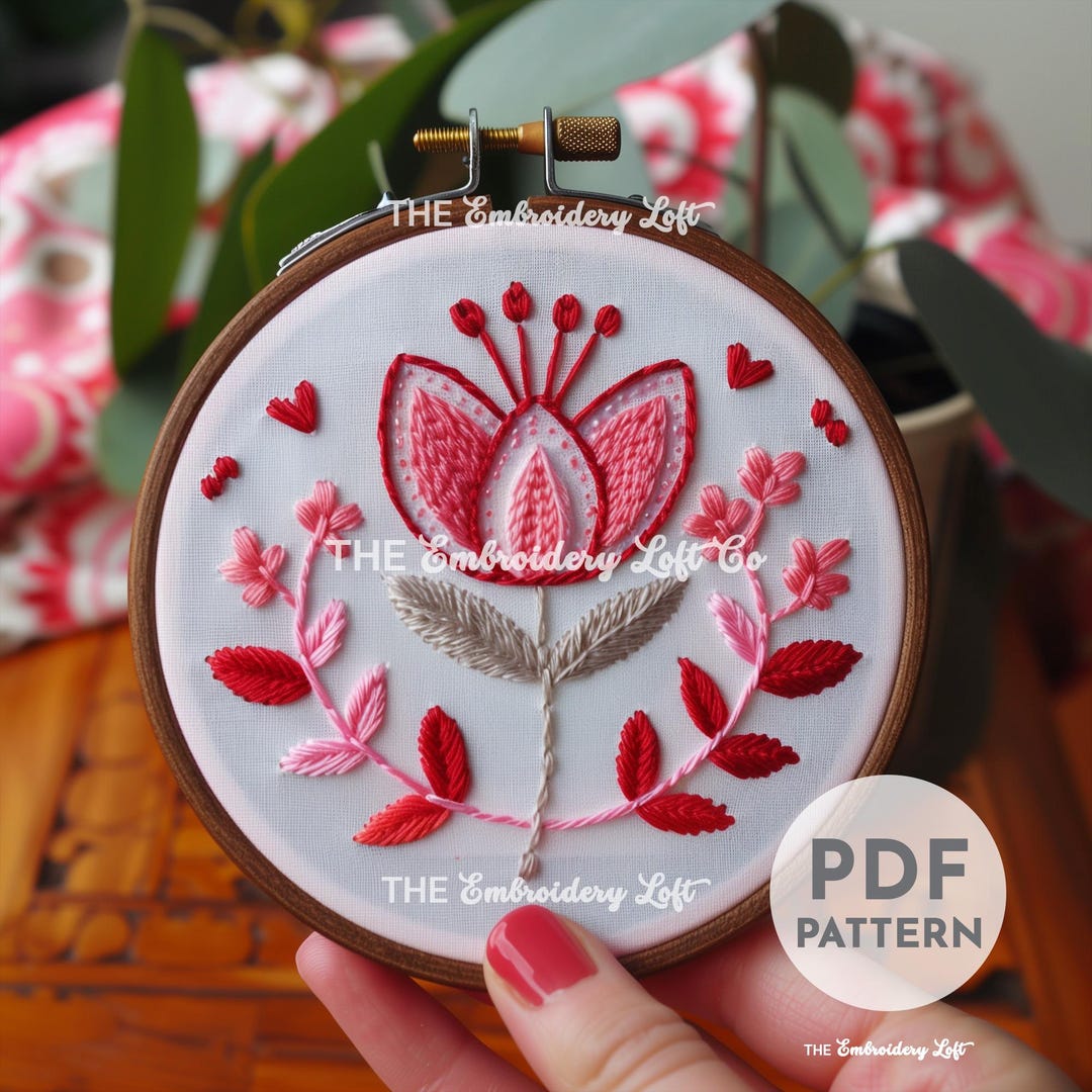 Pink Folk Flower Hand Embroidery Pattern, Folk Art Embroidery Pattern ...