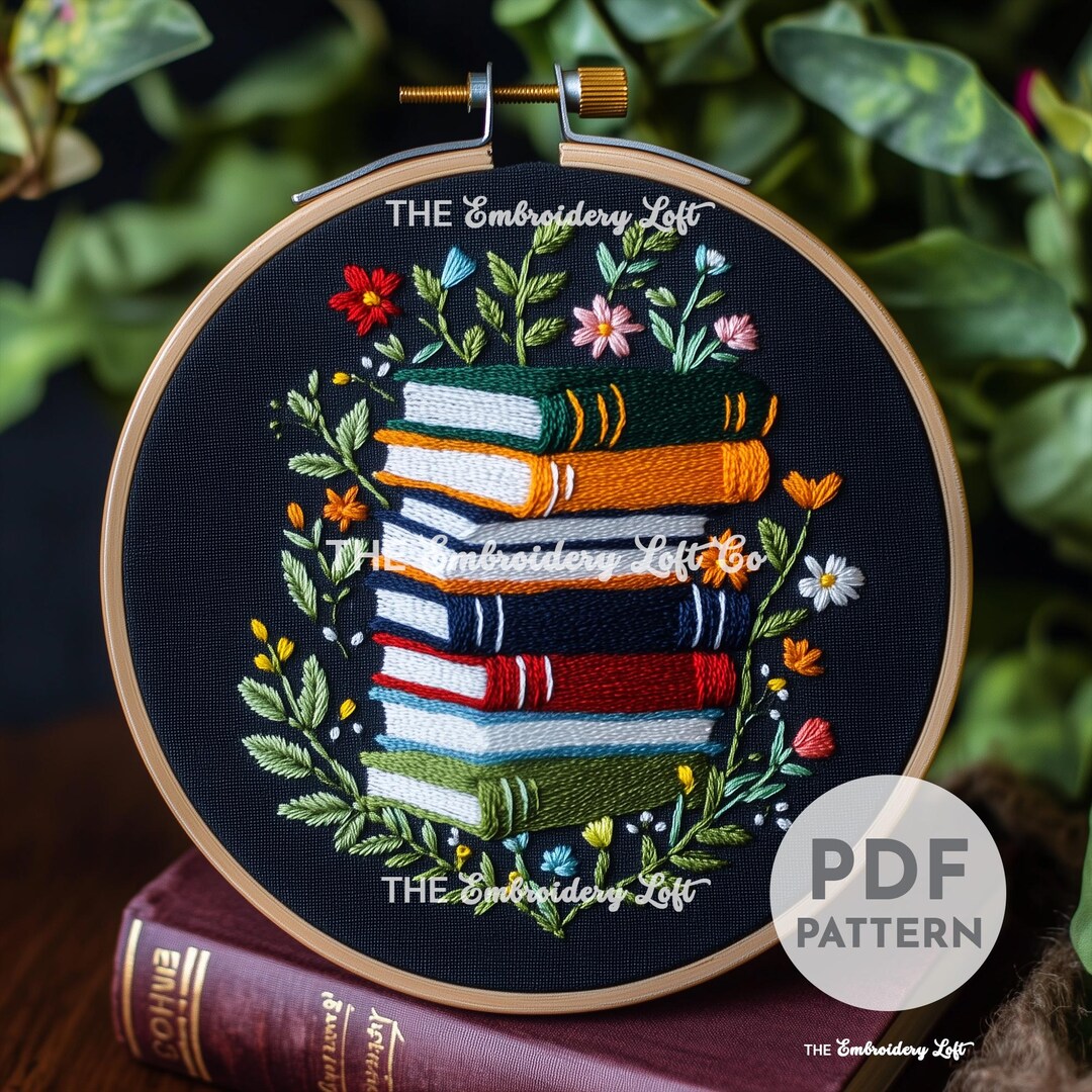 Floral Books Hand Embroidery Pattern, Floral Embroidery, Book Lover ...