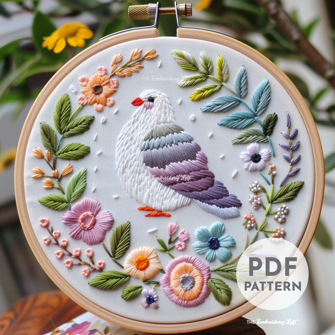 Pigeon Hand Embroidery Pattern, Bird Embroidery, Floral Pigeon, Cute ...