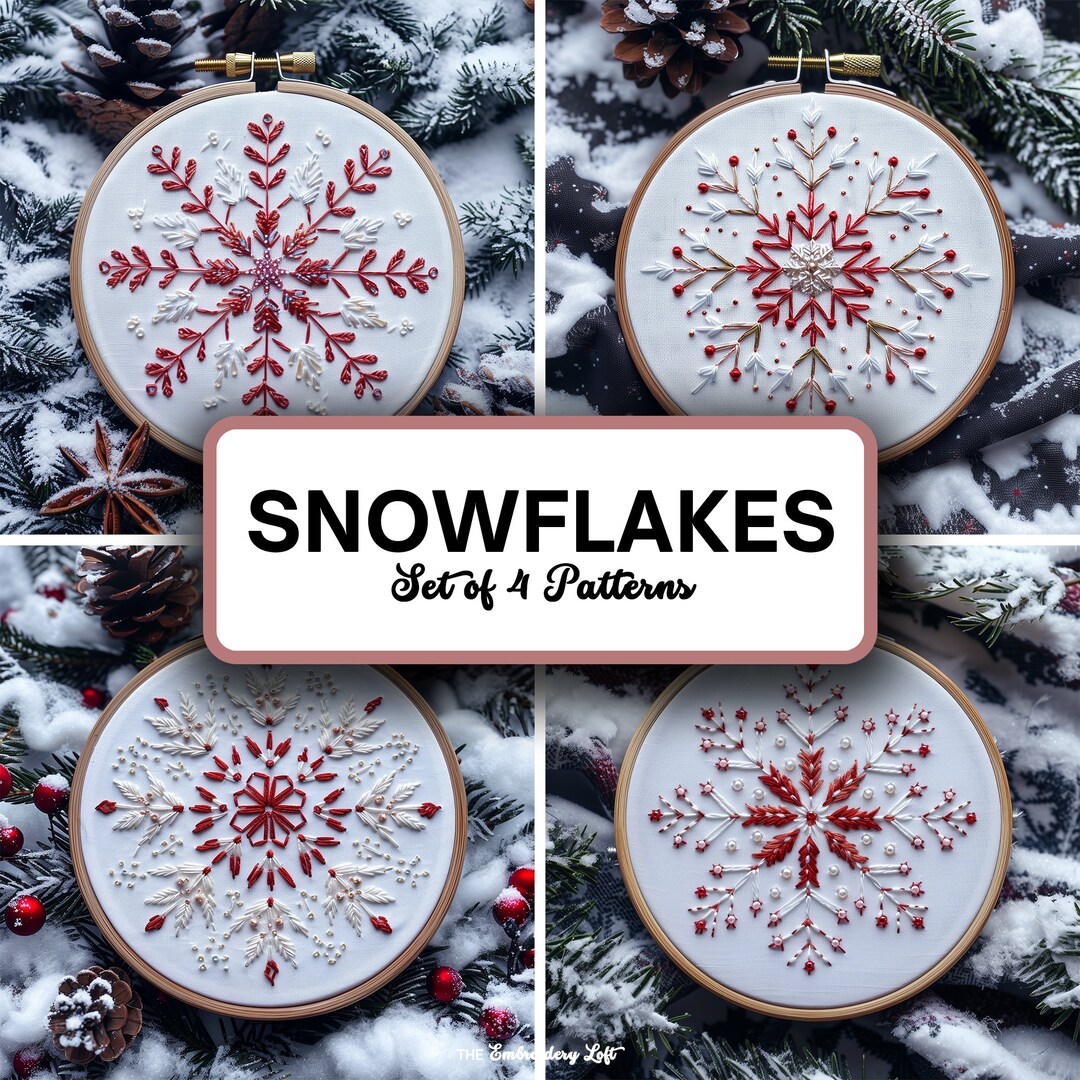 Set of 4 Red and White Snowflake Hand Embroidery Patterns, Christmas ...
