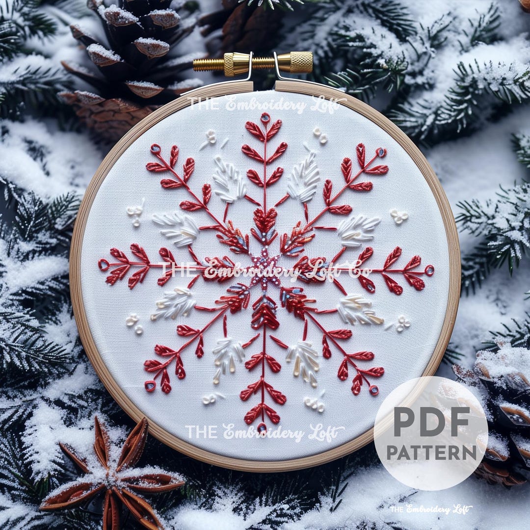 Red and White Snowflake Hand Embroidery Pattern, Winter Design ...