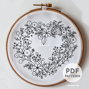 Blue Floral Heart Wreath Hand Embroidery Pattern, Heart Shaped Wreath ...