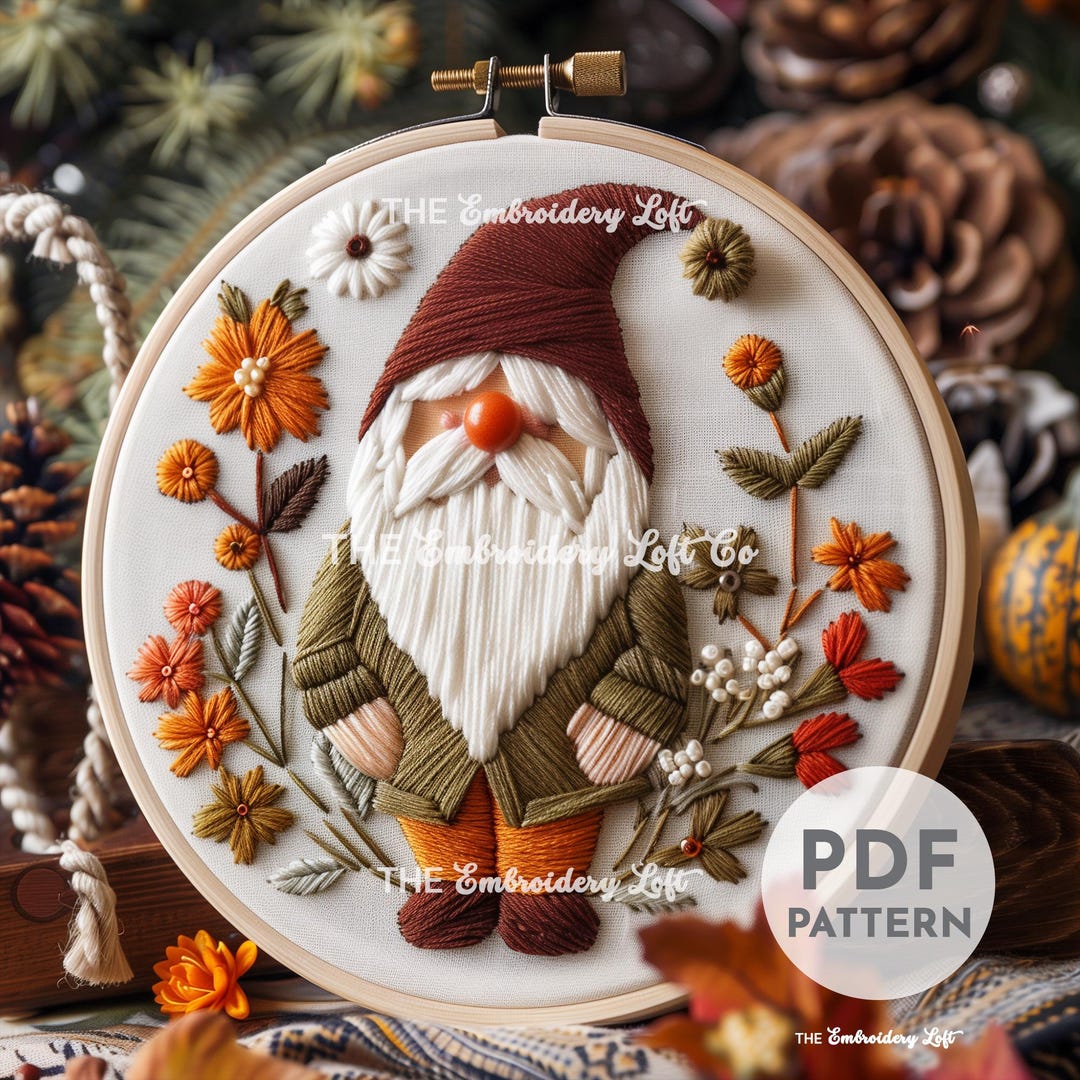 Woodland Gnome Hand Embroidery Pattern, Gnome Embroidery Design, Autumn ...