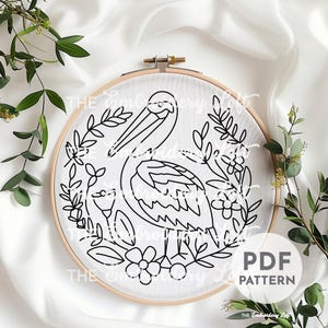 Floral Stork Hand Embroidery Pattern, Stork Bird Pattern, Cute Stork ...