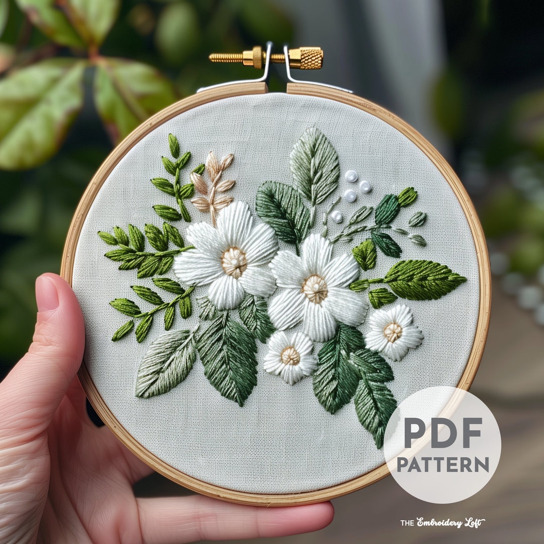 Spring Blossom Hand Embroidery Pattern, White Flowers Pattern, Floral ...