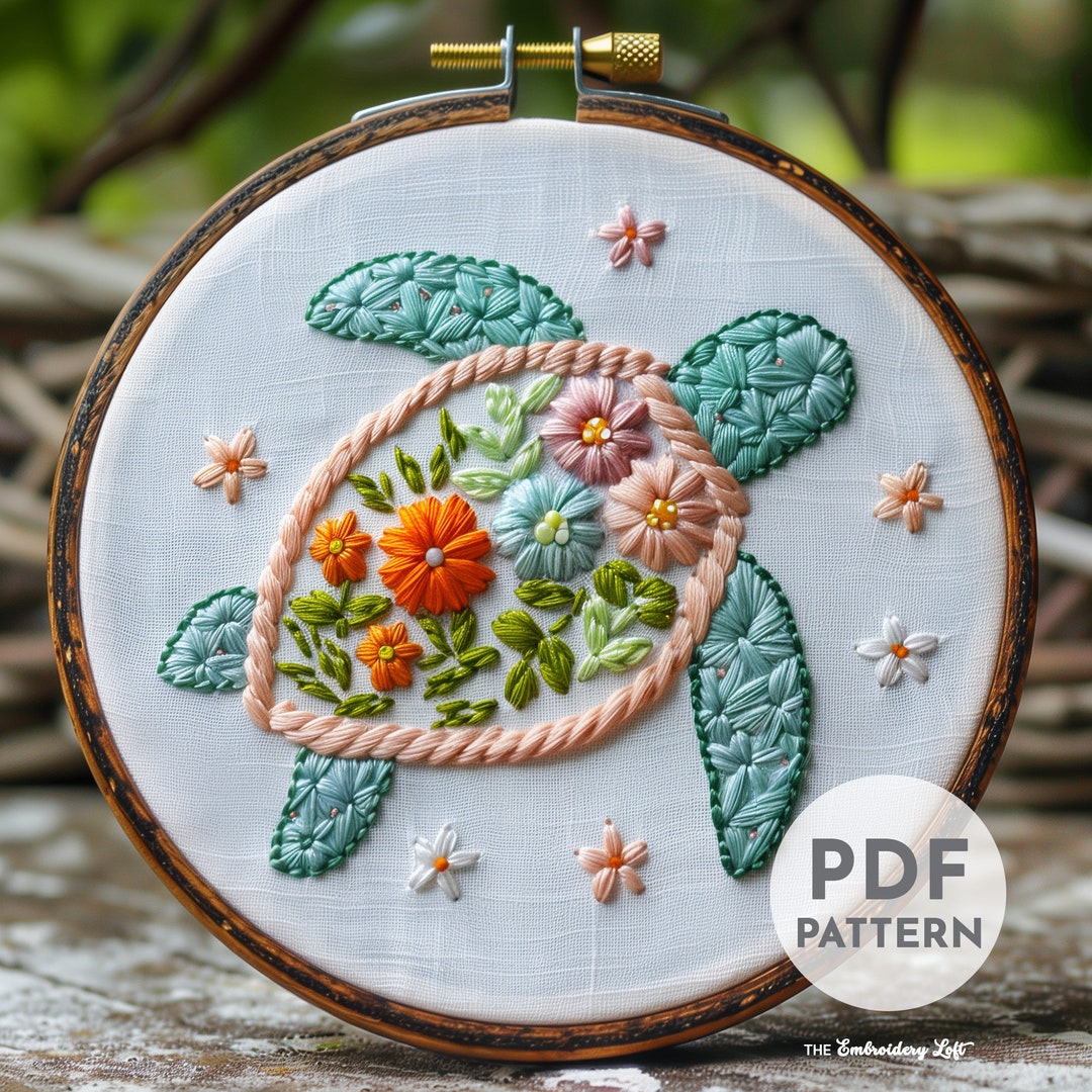 Floral Turtle Hand Embroidery Pattern, Sea Turtle Pattern, Ocean ...