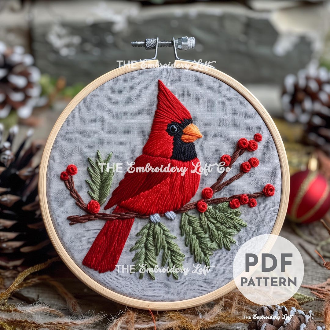 Red Cardinal Hand Embroidery Pattern, Red Cardinal Pattern, Christmas ...