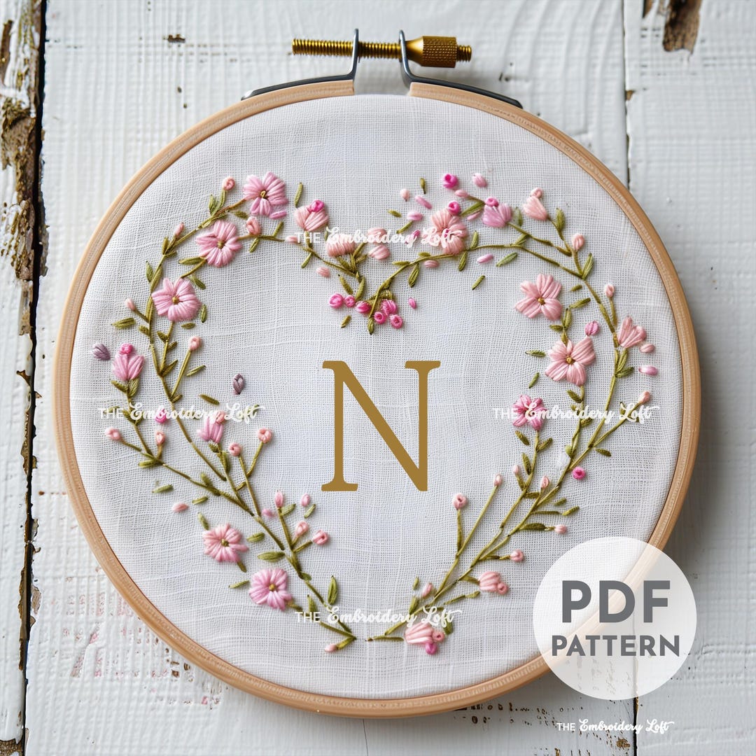 Letter N Valentine Embroidery, Personalized Initial Embroidery Ornament ...