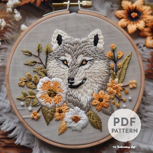 Floral Wolf Hand Embroidery Pattern, Woodland Wolf Pattern, Wolf ...